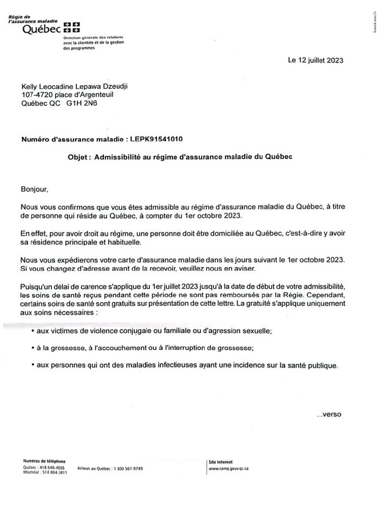 Confirmation RAMQ - Kelly LEPAWA | PDF