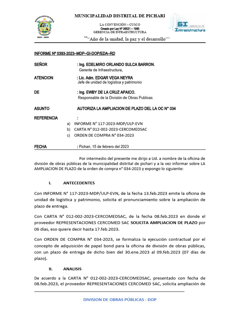 INFORME #0393-2023 - DOP - Opinion de Ampliacion de Plazo de Hoja Bond ...
