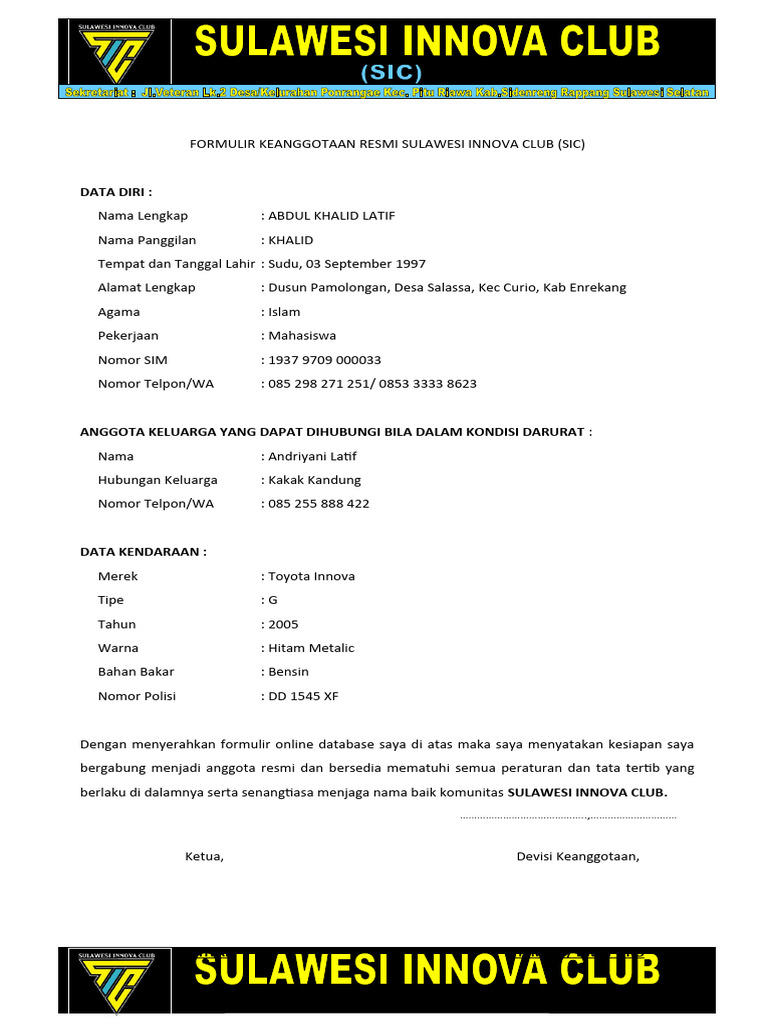 Formulir Keanggotaan Resmi Sulawesi Innova Clu2 | PDF