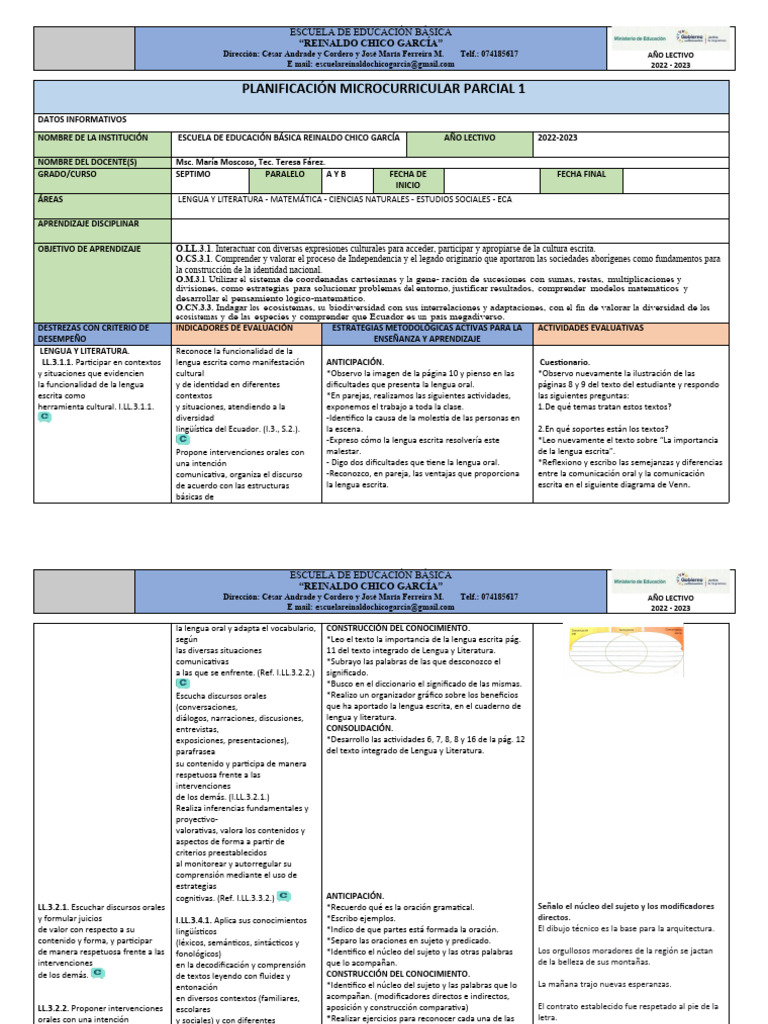 Planificación Microcurricular Parcial 1 Pdf Sustracción Oración
