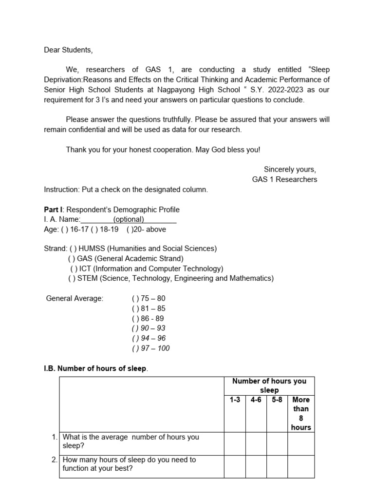 Survey Questionnaire Sleep Deprivation | PDF | Sleep | Science ...