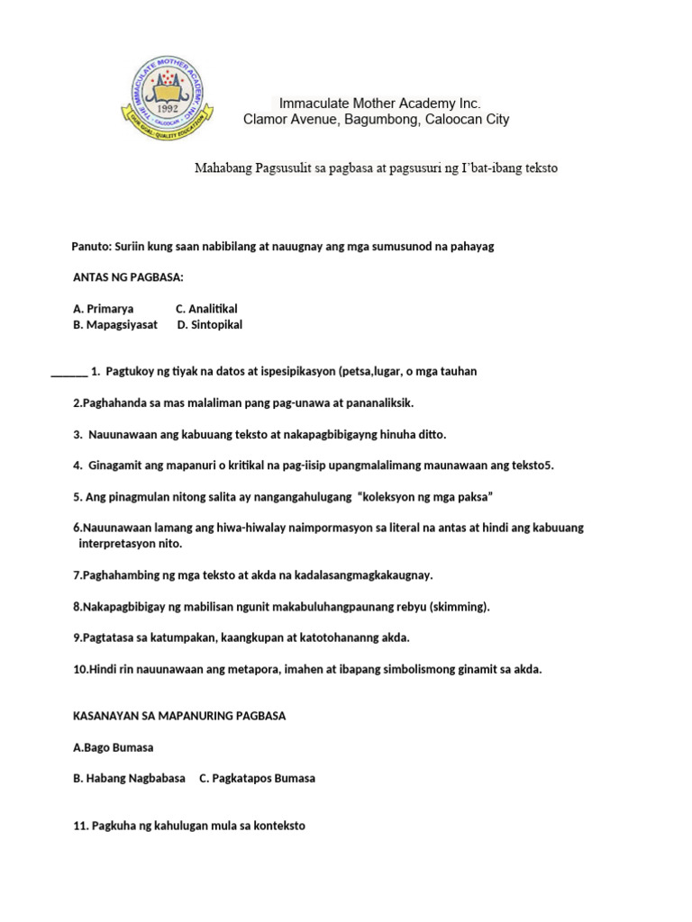 Mahabang Pagsususlit NG Pagbasa at Pagsusuri 2023 | PDF