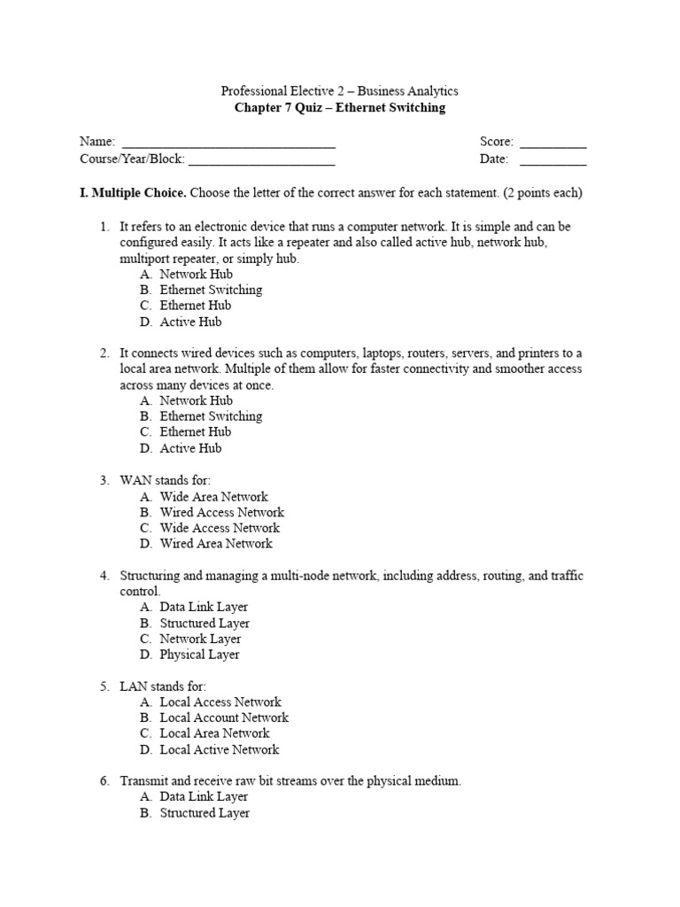 Ethernet Switching Quiz Overview | PDF | Computer Network | Network Switch