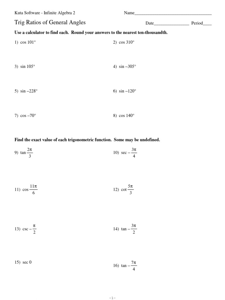 Trig Ratios for General Angles Worksheet | PDF | Trigonometry ...