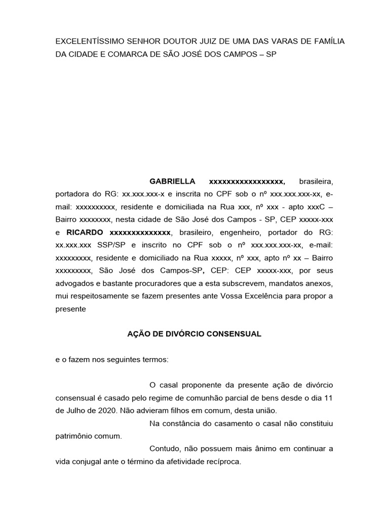 Petição Inicial - Divorcio Consensual - Sem Bens e Filhos | PDF ...