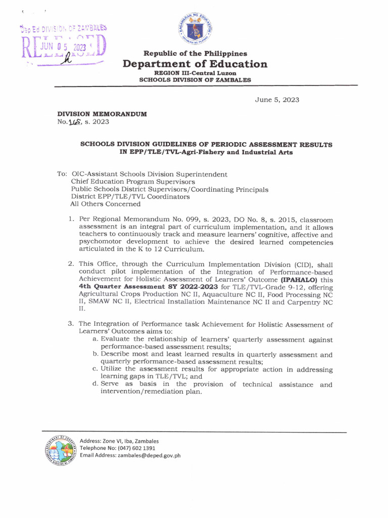 DM No. 165 S. 2023 Schools Division Guidelines of Periodic Assessment ... DM No. 165 S. 2023 Schools Division Guidelines of Periodic Assessment ...