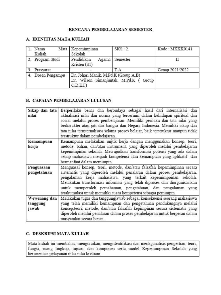 RPS Kepemimpinan Sekolah Semester Ii | PDF