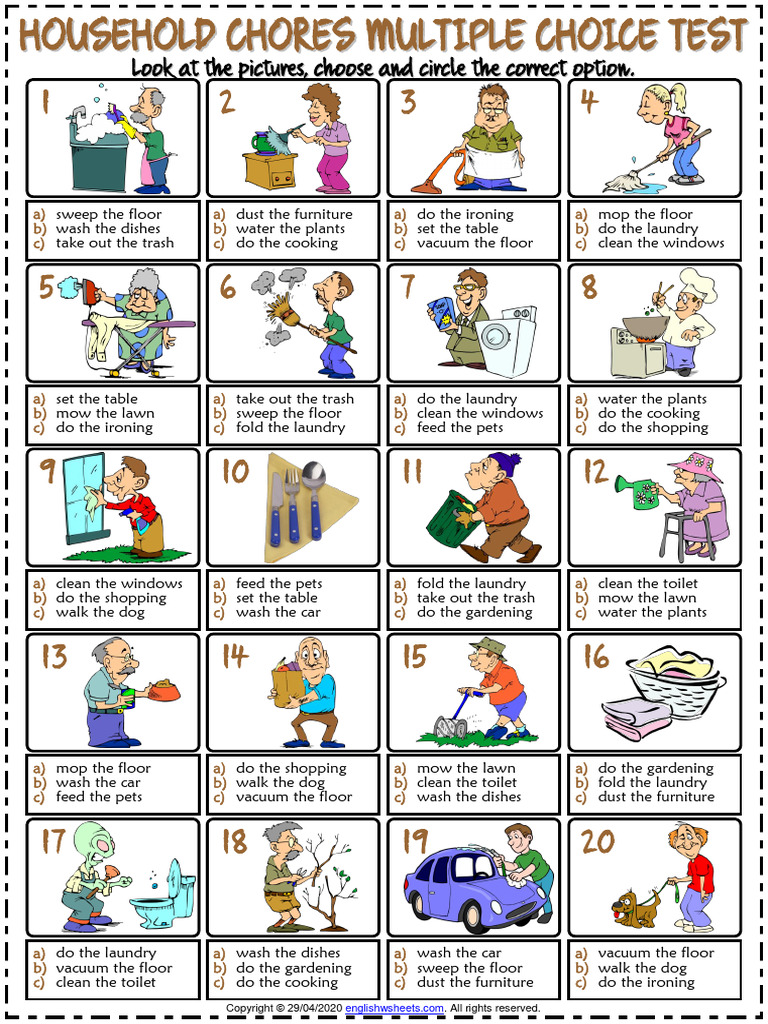 Household Chores Vocabulary Esl Multiple Choice Test For Kids | PDF ...
