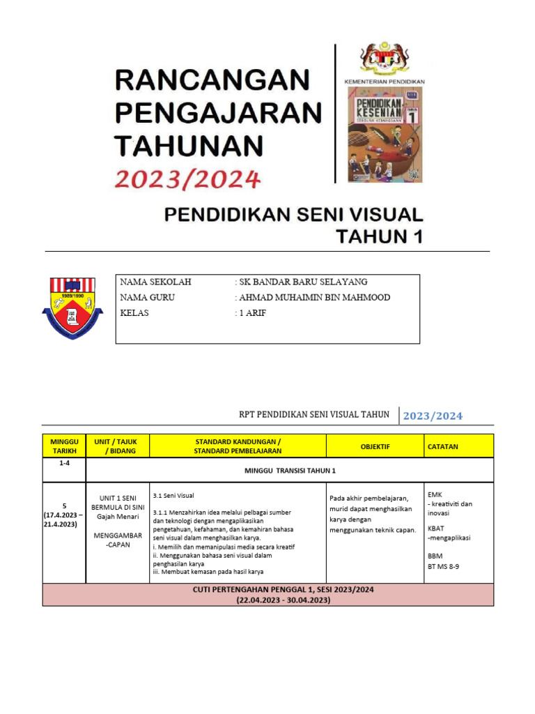 RPT PSV Tahun 1 2023-2024 | PDF