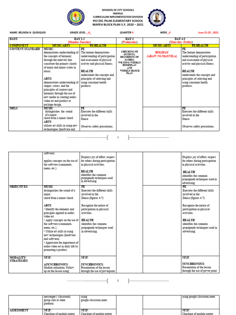 q4 BP Mapeh 6 Week 6 1 | PDF