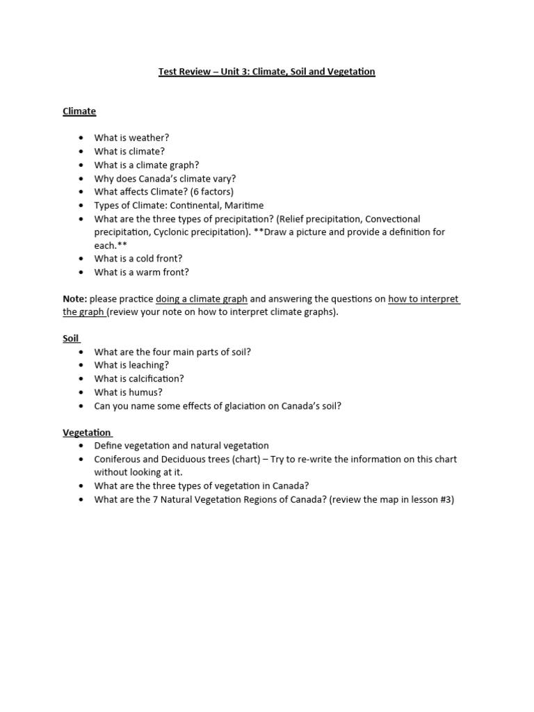Test Review - Unit 3 (Climate, Vegetation and Soil) | PDF