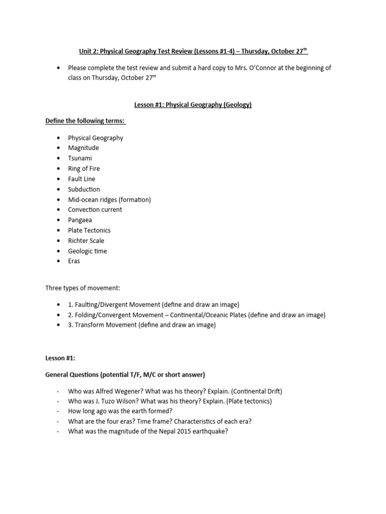 Physical Geography Test Review Guide | PDF | Plate Tectonics | Glacier