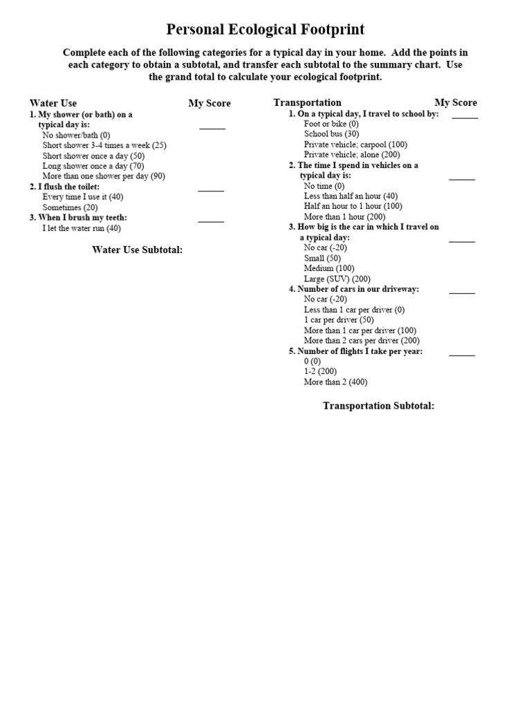 Personal Ecological Footprint Quiz | PDF