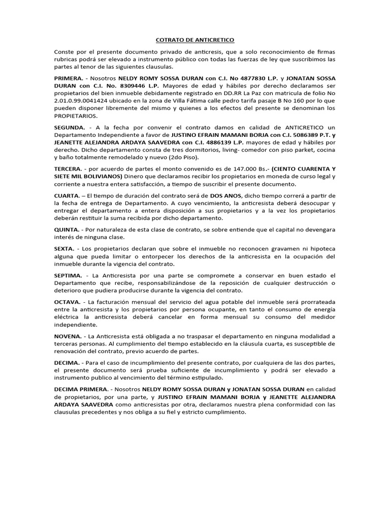 Contrato Anticrético en Villa Fátima | PDF
