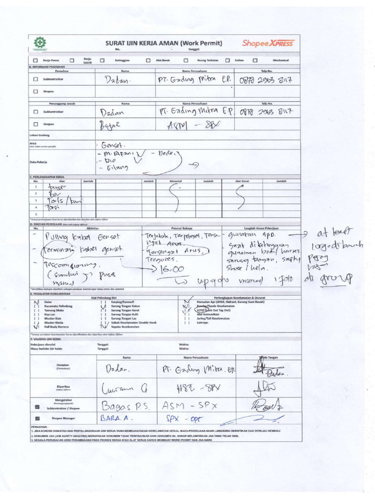 Work Permit Terminasi Genset | PDF