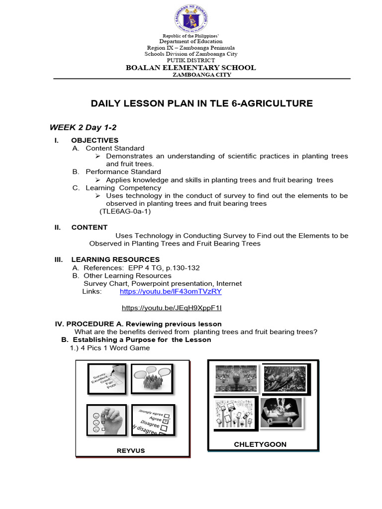 TLE 6 Agriculture Lesson Plan: Week 2 | PDF | Learning | Trees