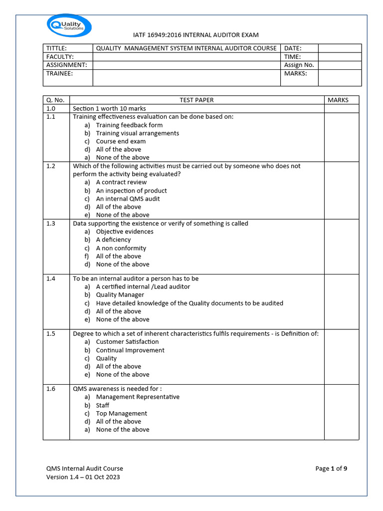IATF QMS Internal Auditor Exam Paper | PDF | Audit | Internal Audit
