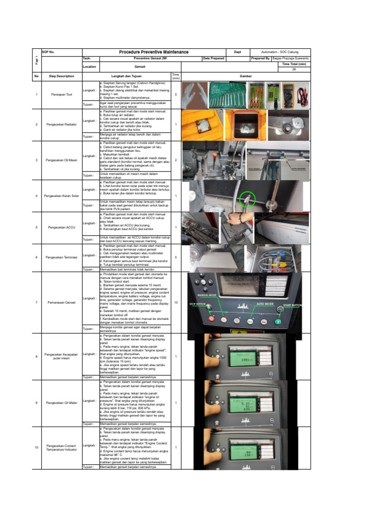 SOP Preventive Maintenance Genset | PDF