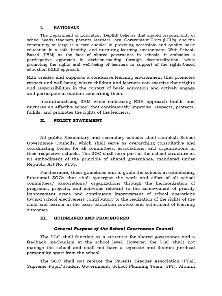 I. Rationale: II. Policy Statement | PDF | Governance | Learning