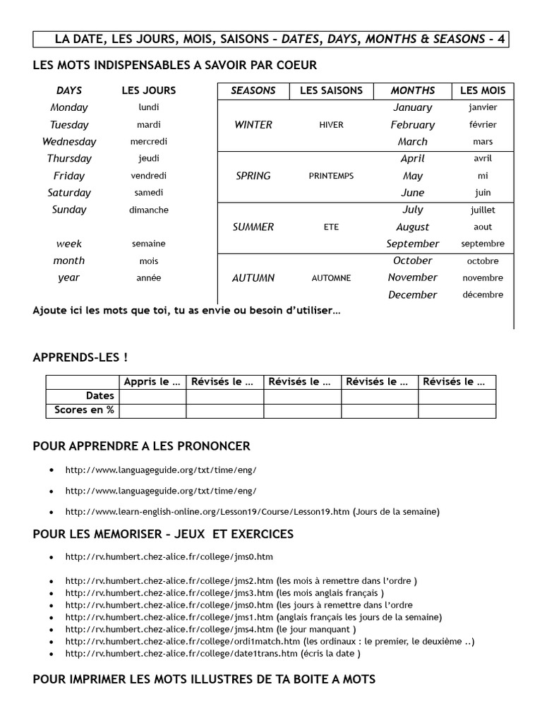 4 - Fiche Jours-Mois-Saisons Dates | PDF