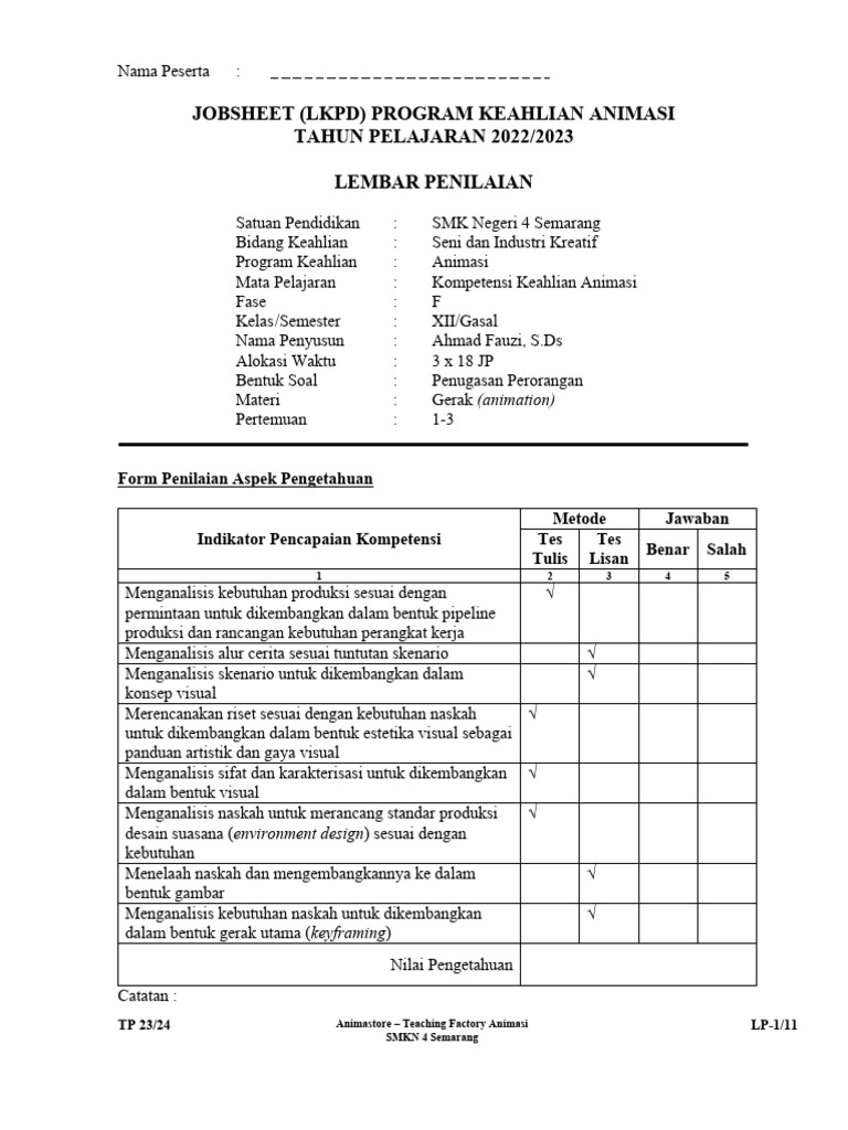 LKPD KK ANS Kelas XII - Lembar Penilaian | PDF