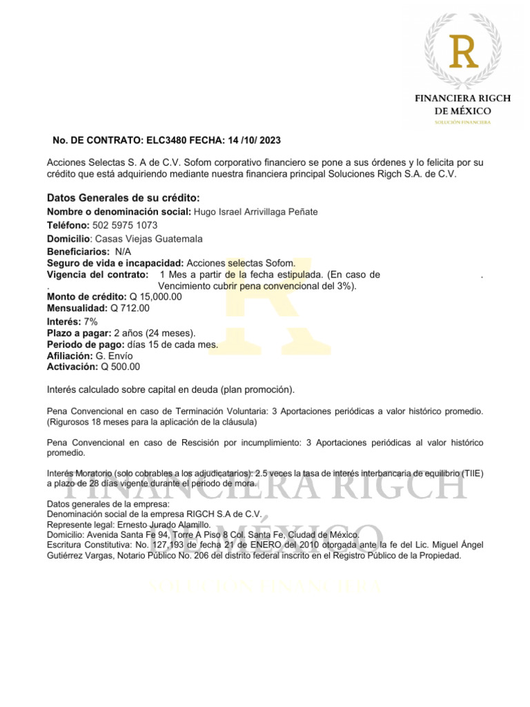 Contrato Rigch de México Hugo Israel Arrivillaga Peñate | PDF ...