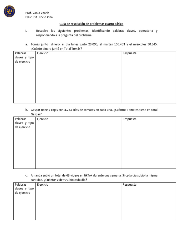 Guía de Resolución de Problemas Cuarto Básico Martes 1 | PDF