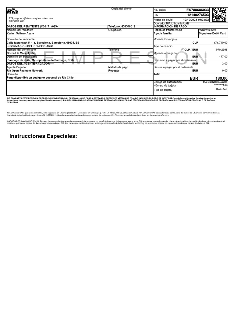 Ria Order Receipt ES788686033 1 | PDF | Moneda | Economias