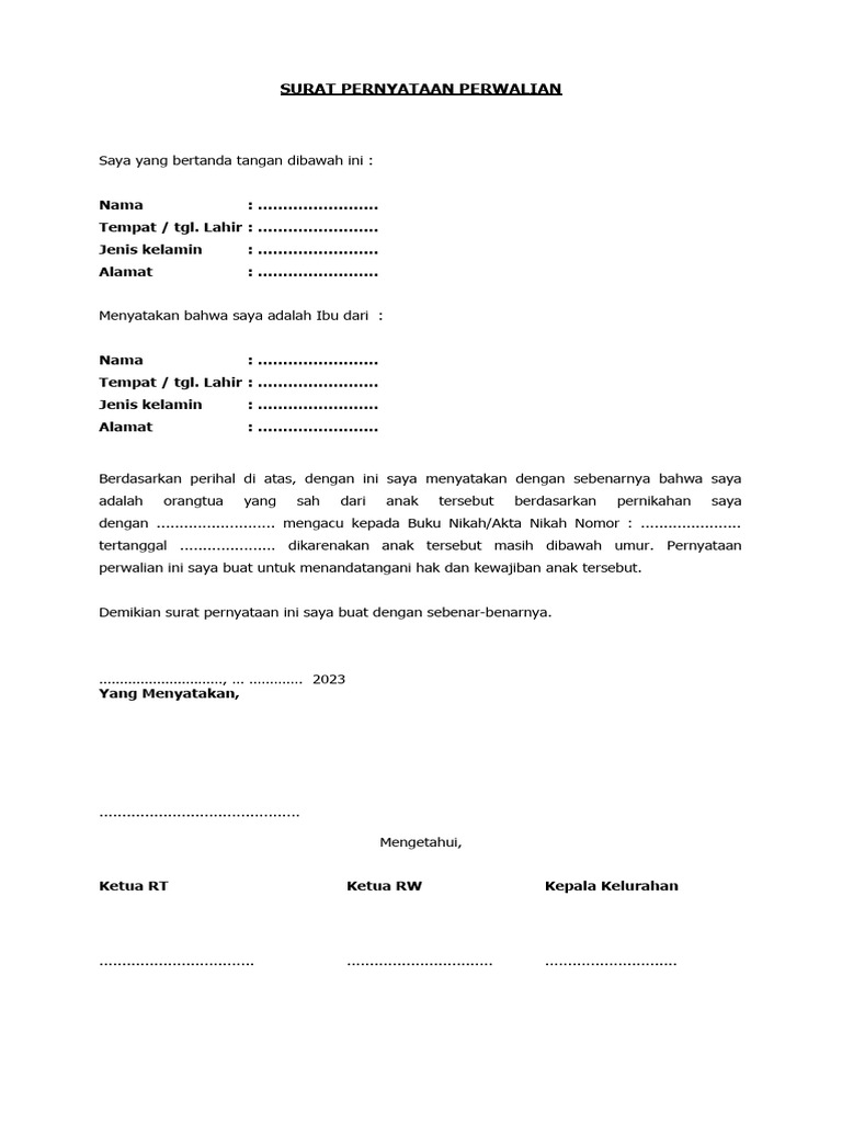 Surat Pernyataan Perwalian Anak | PDF
