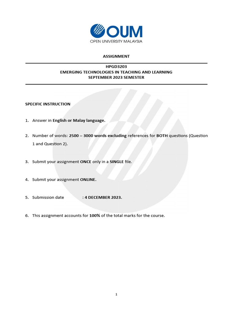 Assignment HPGD3203 Emerging Technologies in Teaching and Learning September 2023 Semester | PDF
