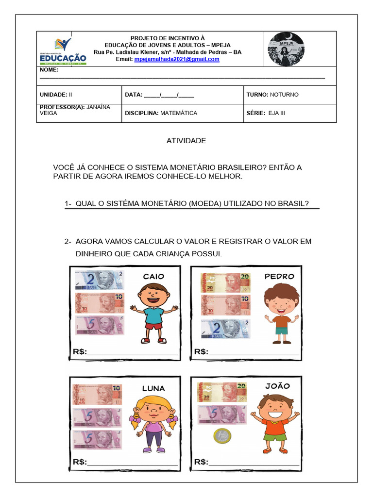 Atividade Cedulas Cida 01 | PDF