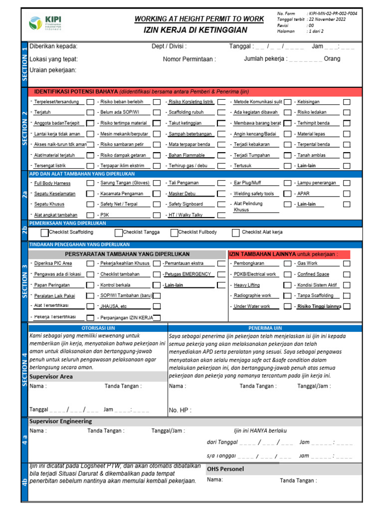 KIPI-MN-02-PR-002-F004 Form PTW Working at Height (Hal 1 & 2) | PDF