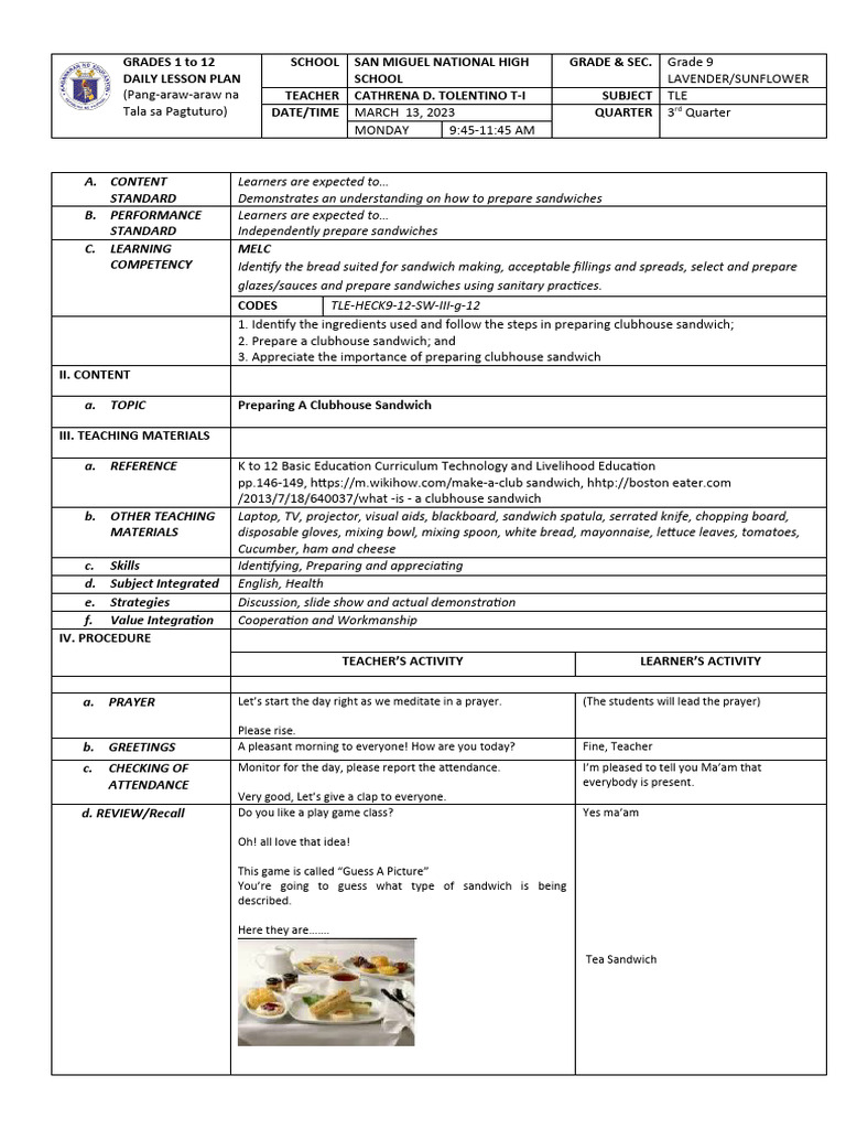 Grade 9 TLE Lesson: Clubhouse Sandwich | PDF | Menu | Lesson Plan