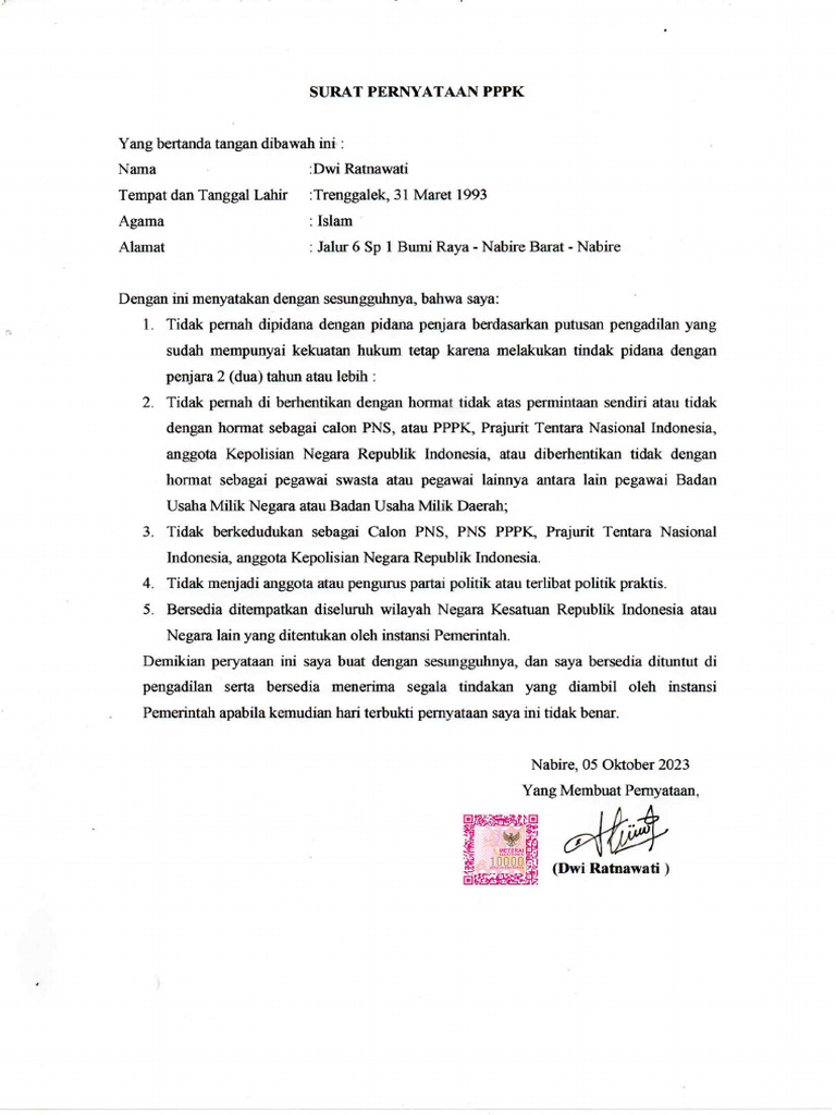 Contoh Surat Pernyataan PPPK | PDF