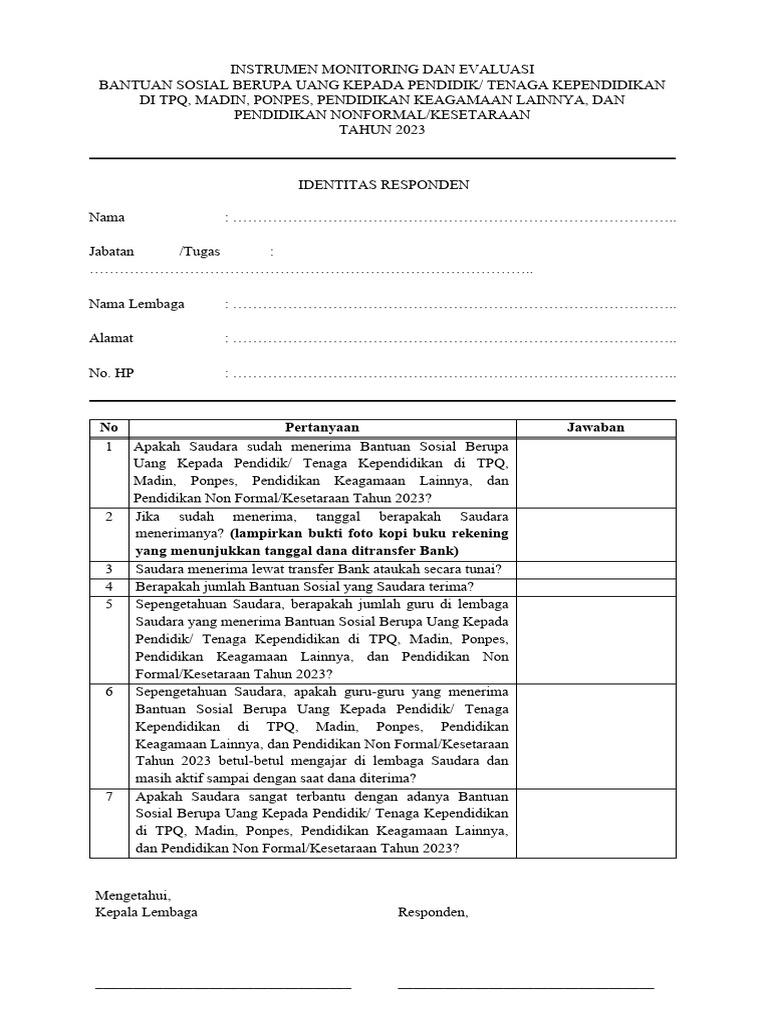 Instrumen Monev Bansos 2023 | PDF | Karier & Perkembangan
