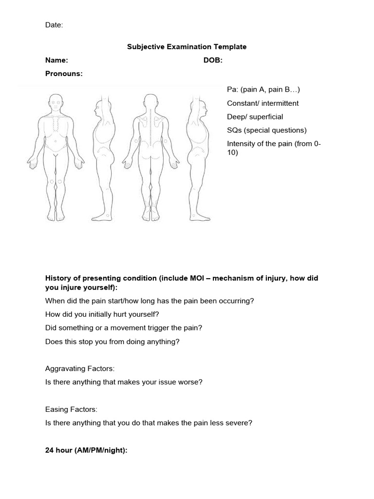 Subjective Examination Template 2022 | PDF | Pain | Injury