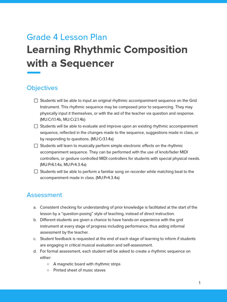 Learning Rhythmic Composition With A Sequencer Lesson Plan 1 Pdf 
