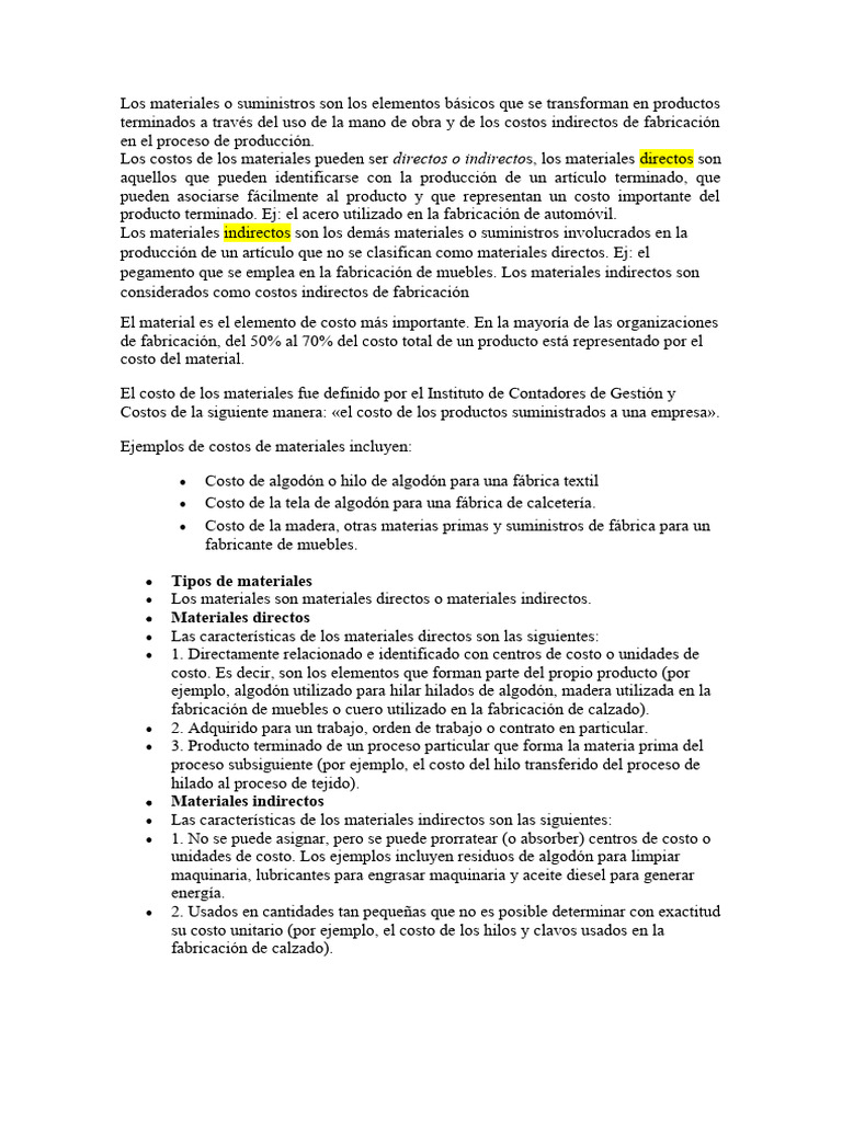 Tipos de Materiales Materiales Directos | PDF | Fábrica | Algodón