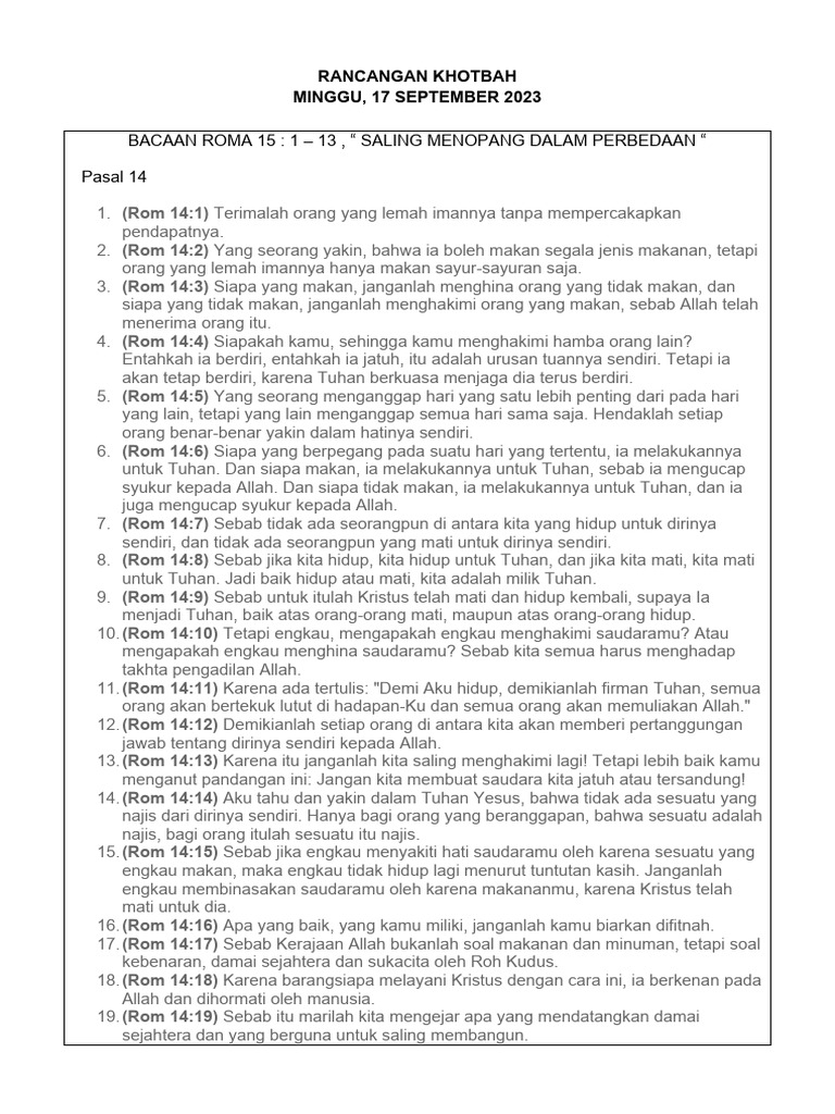 Saling Menopang dalam Perbedaan Roma 15:1-13 | PDF