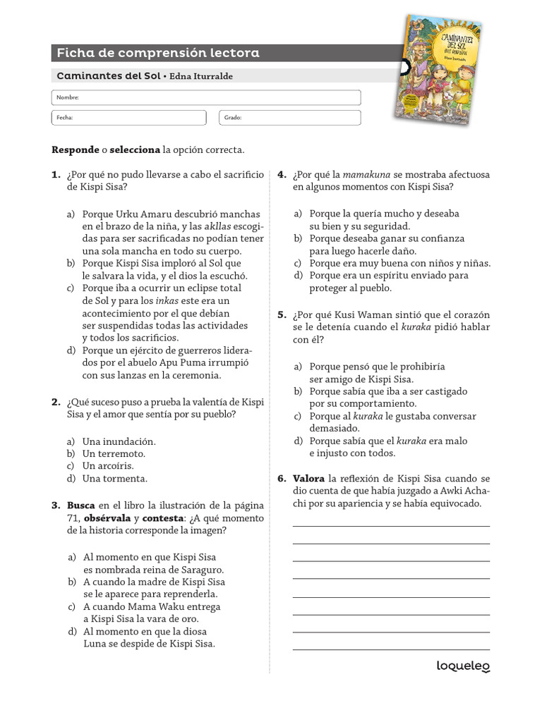 Ficha Comprension Lectora Caminantes Del Sol | PDF
