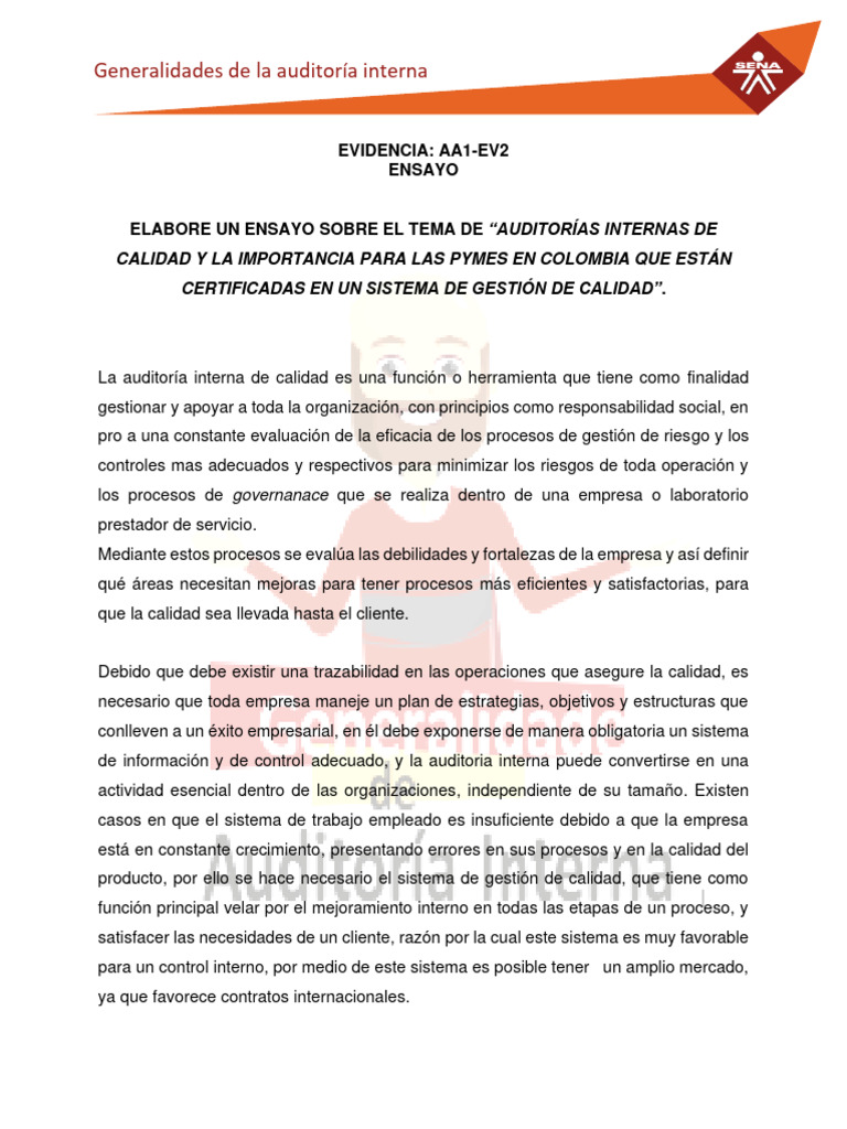 Formato Evidencia AA1 Ev2 Ensayo | PDF | Calidad (comercial) | Pequeñas y medianas empresas
