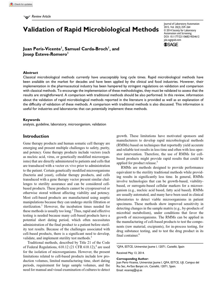 Peris Vicente Et Al 2014 Validation of Rapid Microbiological Methods ...