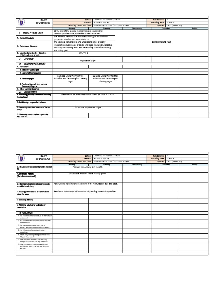 DLL Science-7 q1 Week 10 | PDF | Learning | Teachers