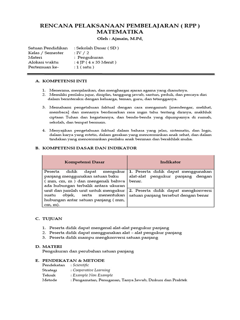 Contoh RPP 5m MTK | PDF | Seni | Sains & Matematika