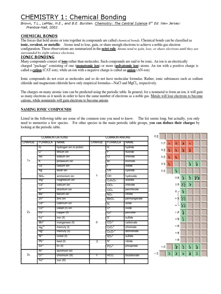 Chemical Bonding Handout | PDF | Ion | Ionic Bonding