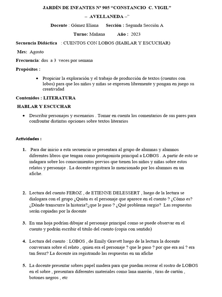 Secuencia Didactica Literatura Cuentos Con Lobos | PDF