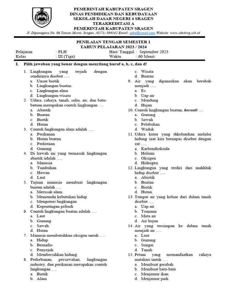 PTS 1 PLH Kelas 3 2023-2024 | PDF