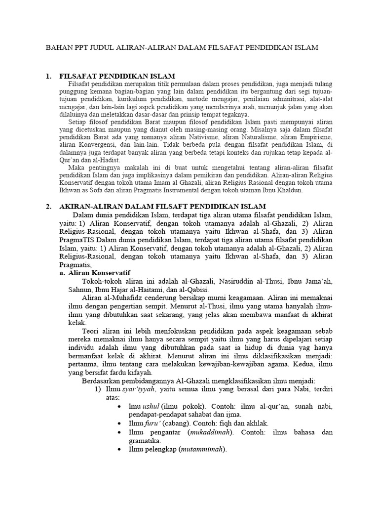 Bahan PPT Judul Aliran Aliran Filsafat Pendidikan Islam | PDF