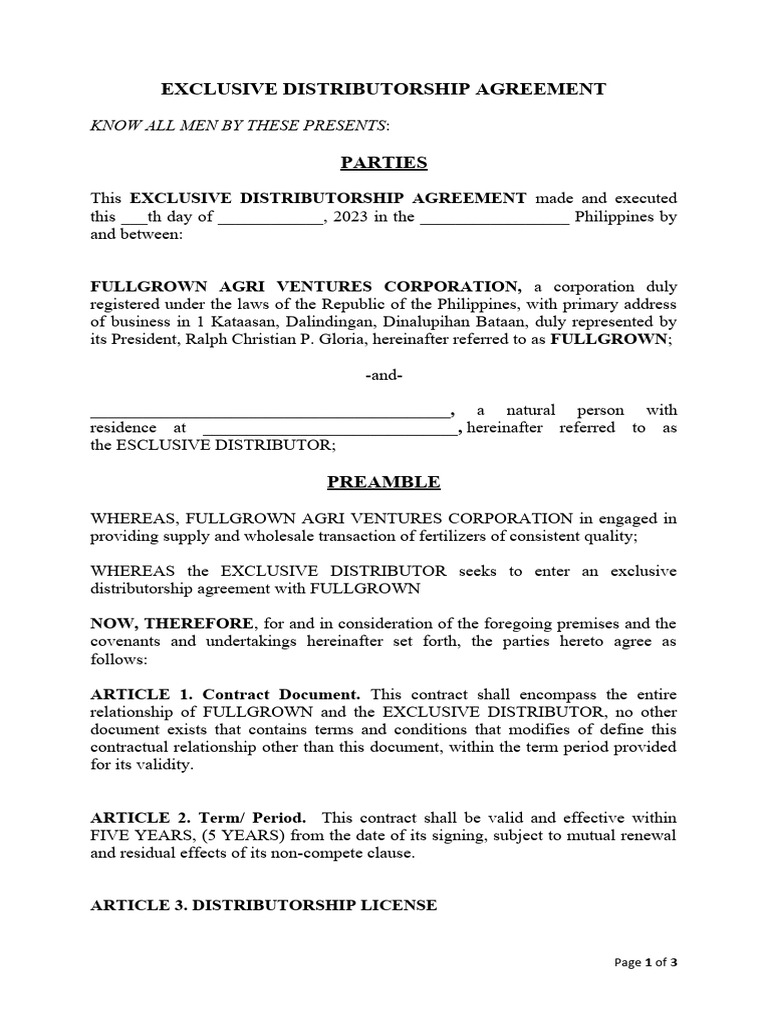Exclusive Distributorship Agreement | PDF | Private Law | Business Law