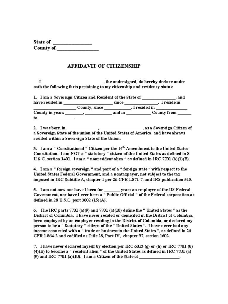 Affidavit of Citizenship-Generic B | PDF | Internal Revenue Code | U.S ...